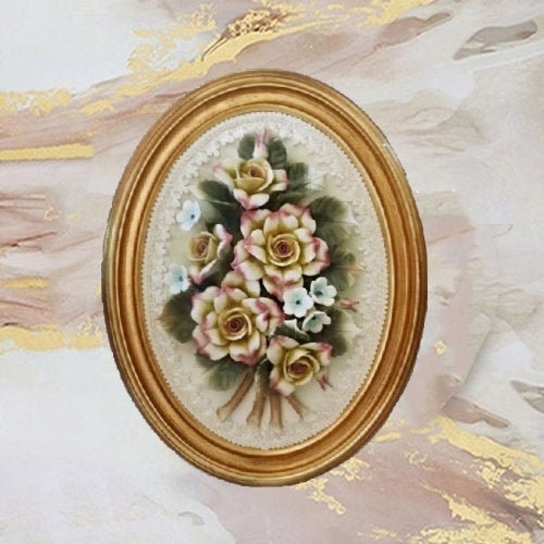 Handmade Capodimonte Style Porcelain Flower Bouquet in Oval Frame Wall ...