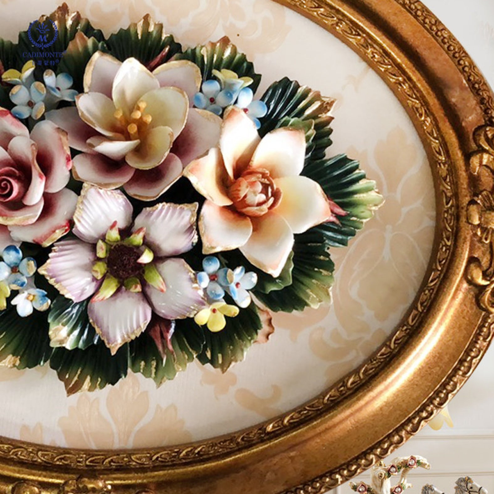 Handmade Capodimonte Style Porcelain Flower Bouquet in Oval Frame Wall ...