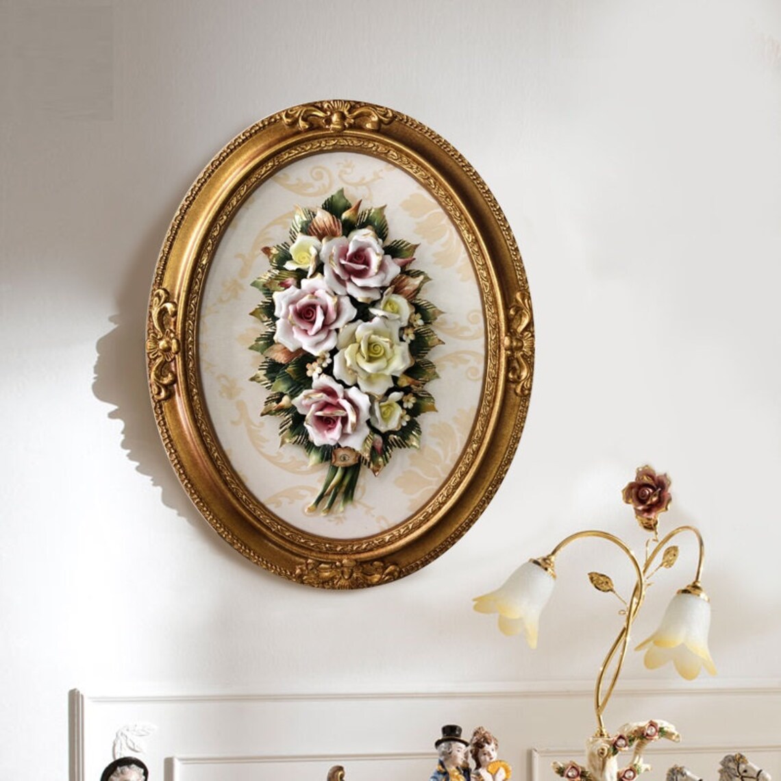 Handmade Capodimonte Style Porcelain Flower Bouquet in Oval Frame Wall ...