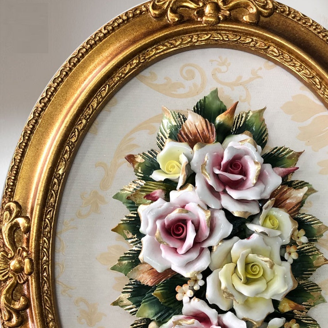 Handmade Capodimonte Style Porcelain Flower Bouquet in Oval Frame Wall ...