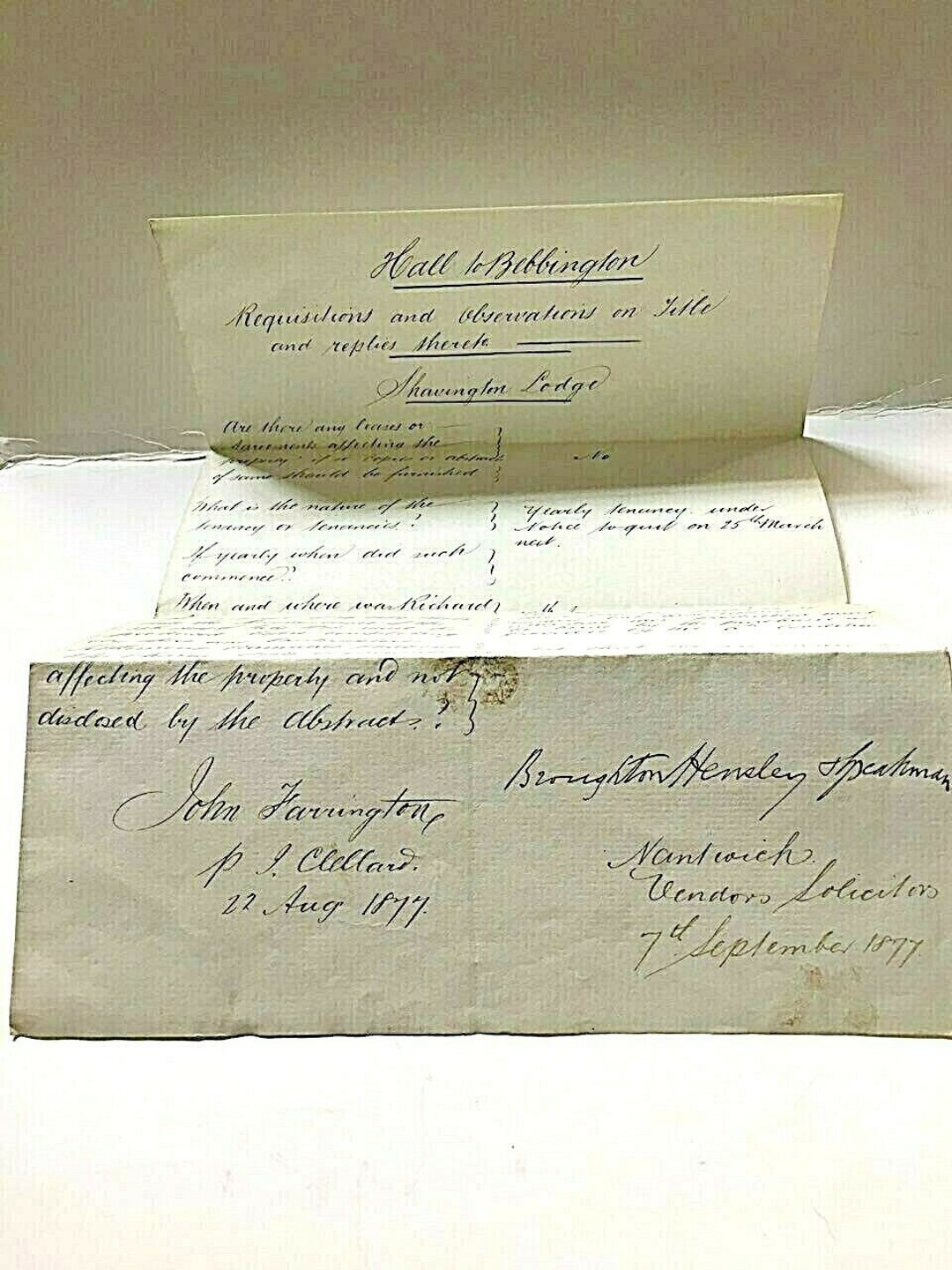 1877 Requisition on Title, to Shavington Lodge by Hall to Bobbington ...
