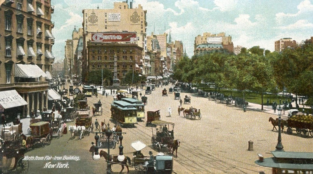 Postcard Antique Street View of Trolleys and Horse Carriages in New ...