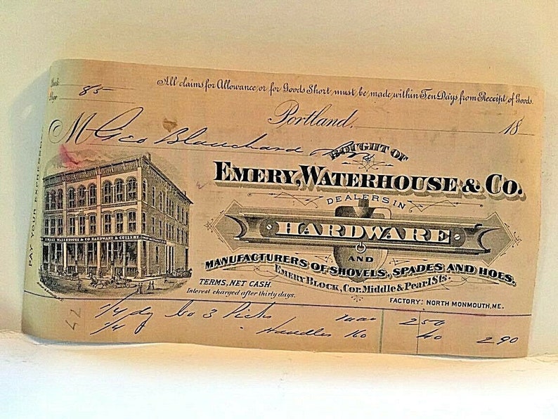 Vintage Late 1800s Receipt From Emery,waterhouse & Co., North Monmouth ...