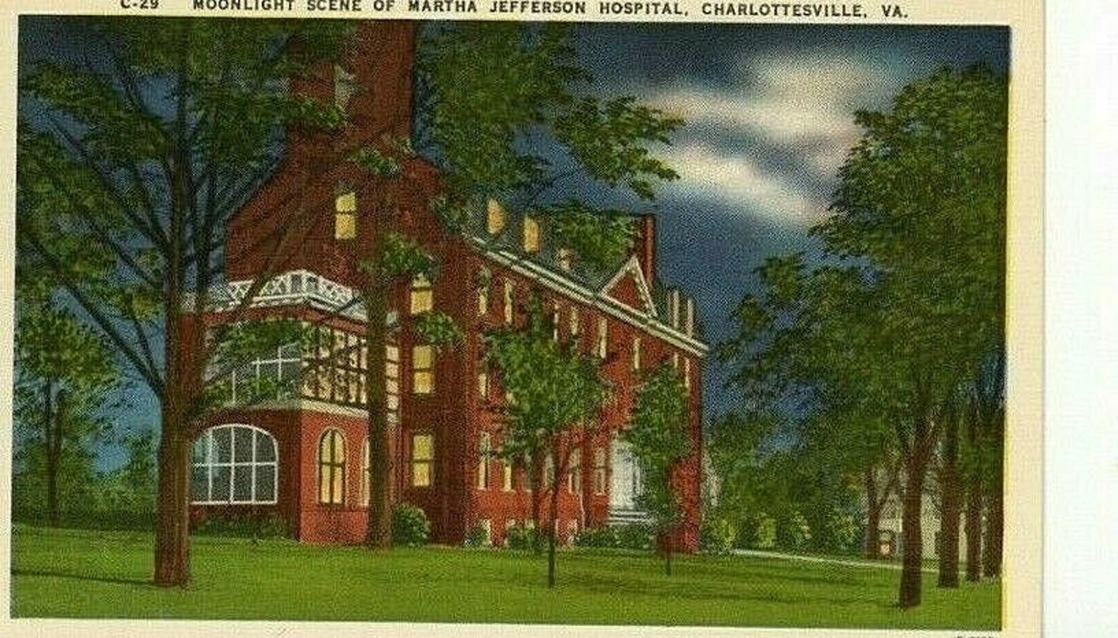 Postcard View of Jefferson Hospital Under Moonlight, Charlottesville ...