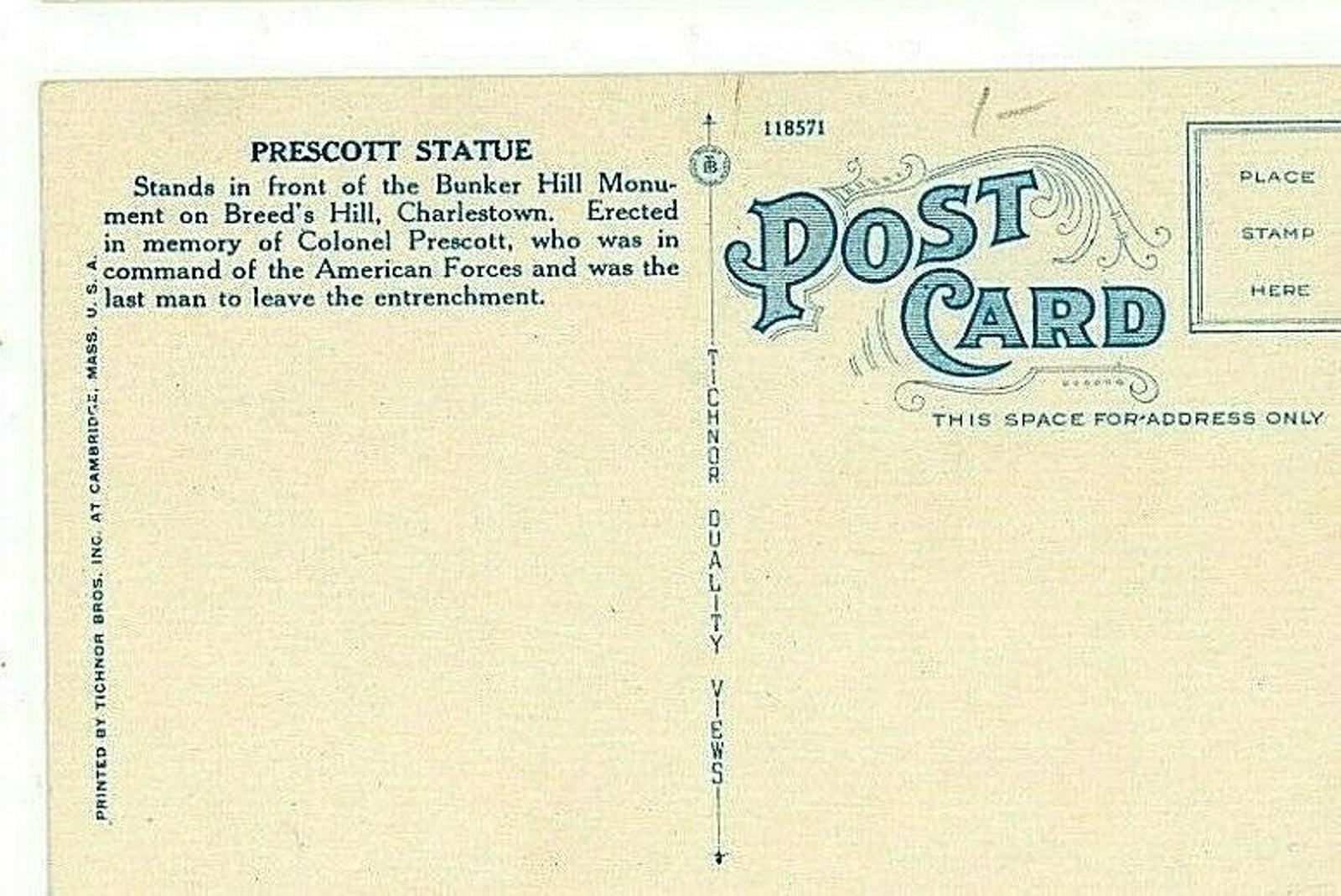 Postcard Colonel William Prescott Statue, Bunker Hill in Boston, MA. R7 ...