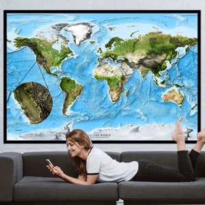 Exaggerated Relief Satellite Image World Wall Map World - Etsy