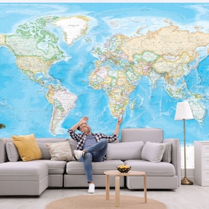 Giant World Map Wall Mural: Removable Peel & Stick Fabric - Blue Ocean ...