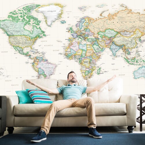 Giant World Map Wall Mural Removable Wallpaper Map of the | Etsy