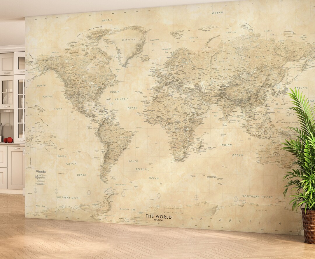 Sepia Tone Giant World Map Wall Mural - Removable Wallpaper Map of the ...