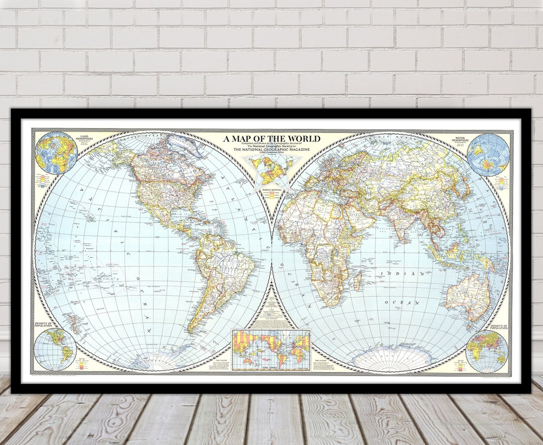 National Geographic Vintage 1941 World Map Hemispheres Fine Art ...