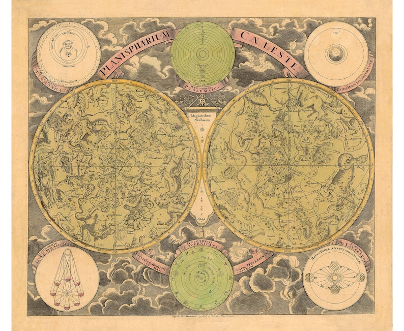1690 Antique Celestial Map - Vintage Zodiac Star Chart Print - Etsy
