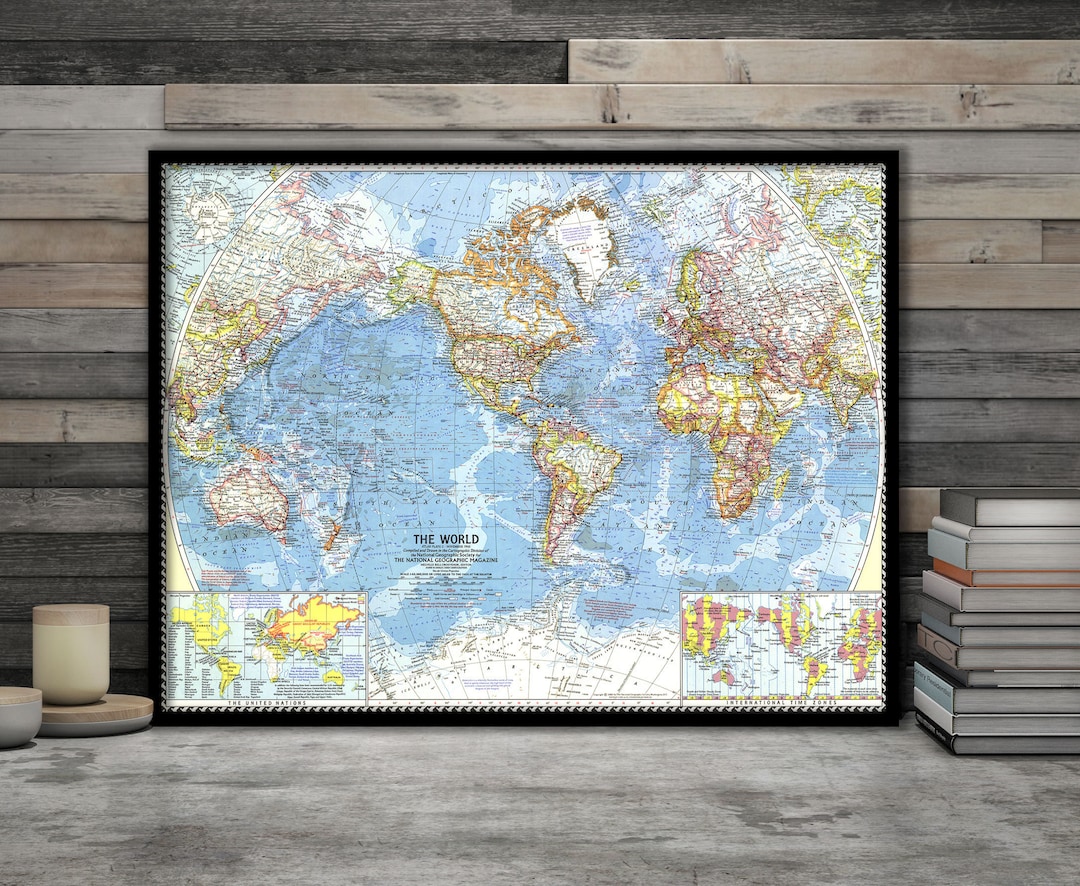 National Geographic Vintage 1960 World Map Fine Art Reproduction Old ...