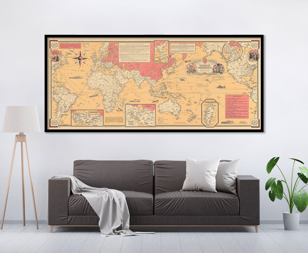 Vintage 1950 Freiheit Weltkarte alte bildhafte Weltkarte Druck ...
