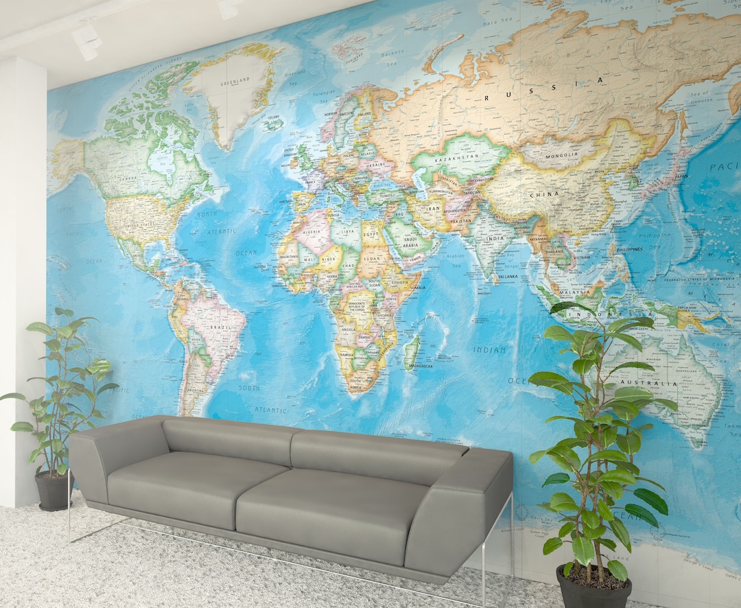 Giant World Map Wall Mural: Removable Peel & Stick Fabric - Blue Ocean ...