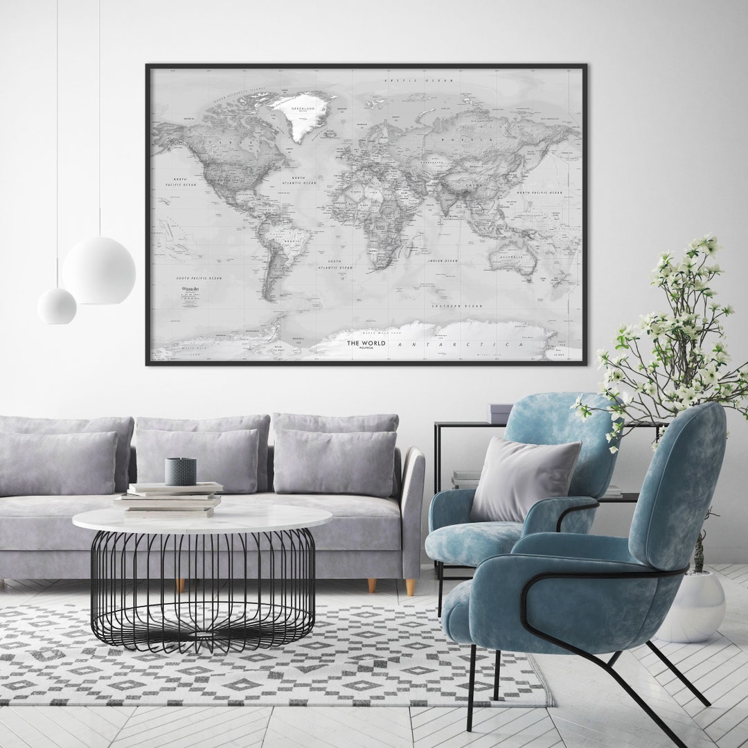 Grayscale World Political Wall Map - | Large World Wall Map Poster ...