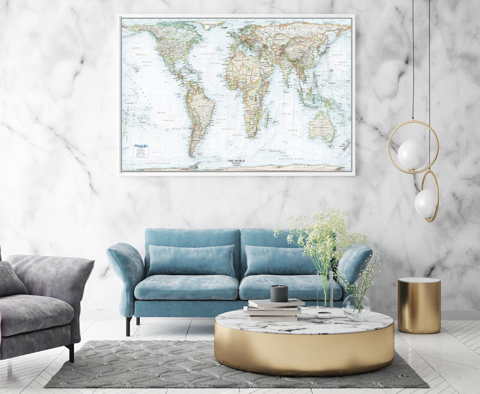 Accurate World Map Print: Gall Orthographic Projection, Labeled ...