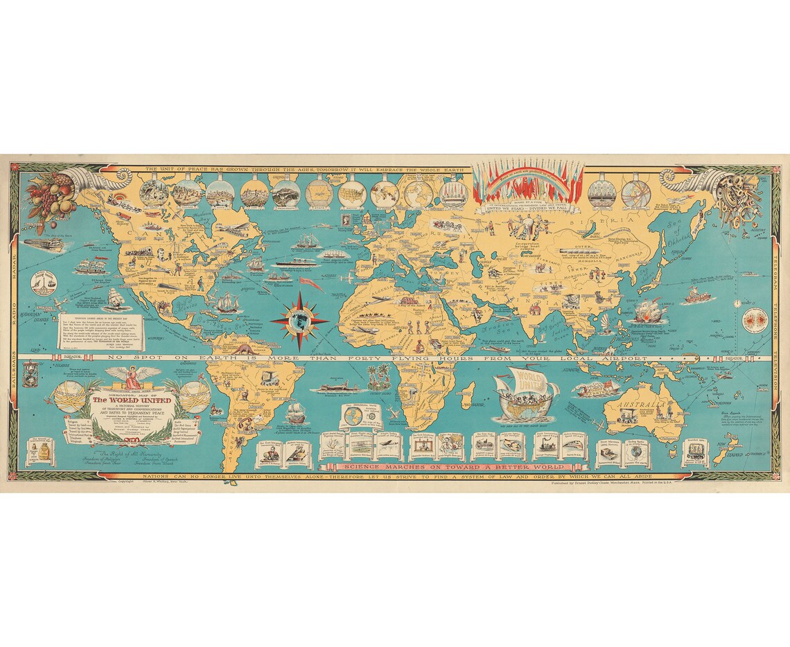 Vintage 1944 World Map History of Transportation & | Etsy