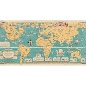 Vintage 1944 World Map History of Transportation & Communication - Old ...