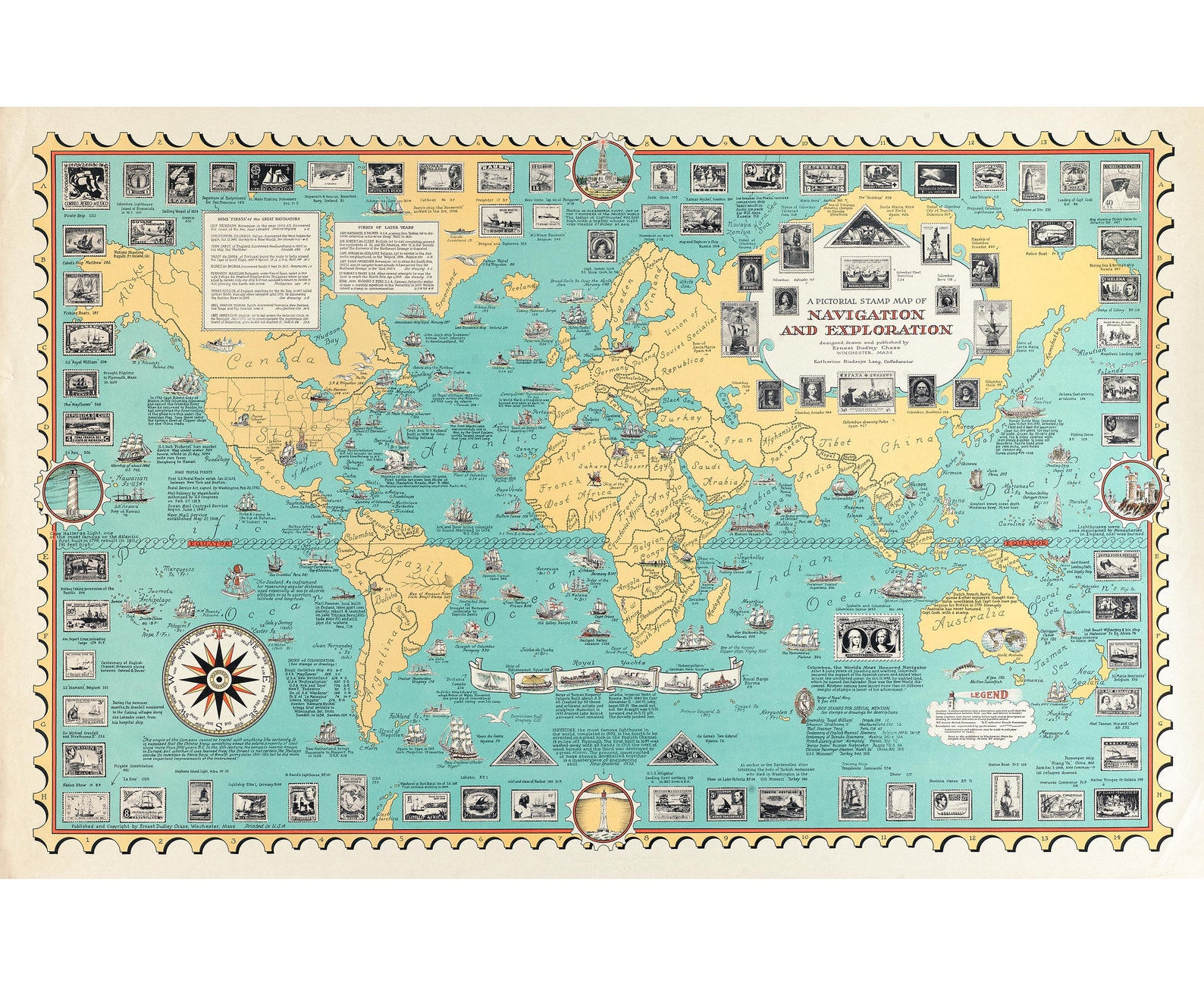 Vintage 1951 World Map Old Pictorial Stamp Map of Navigation - Etsy