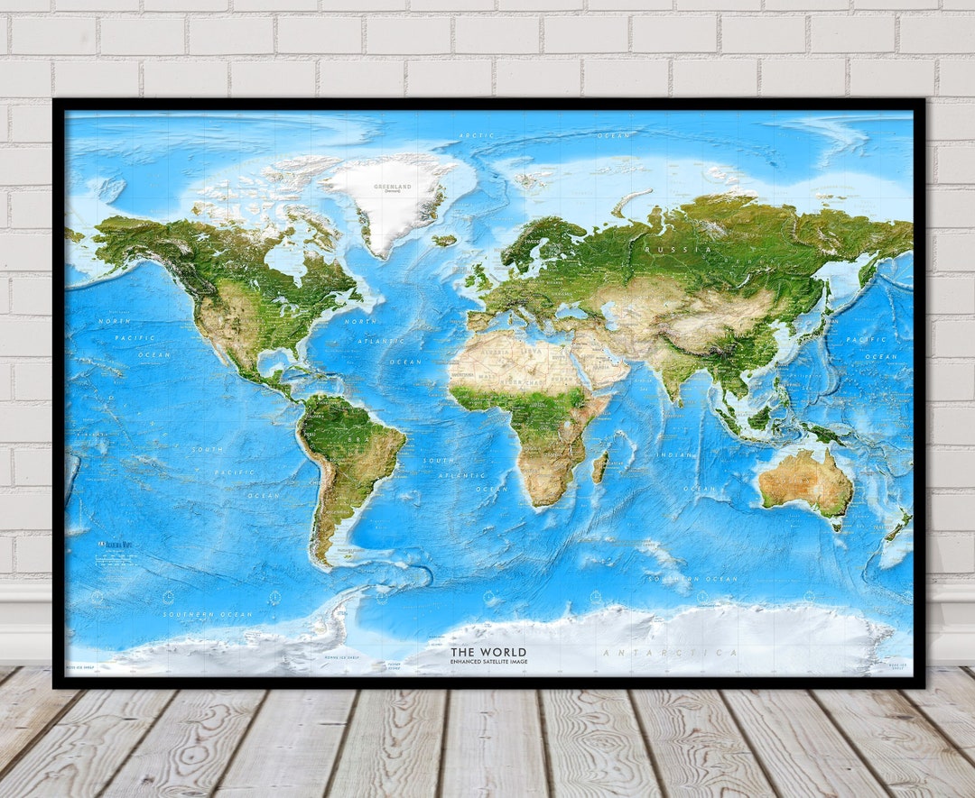 Enhanced World Satellite Image Wall Map | Large World Map Poster Print ...
