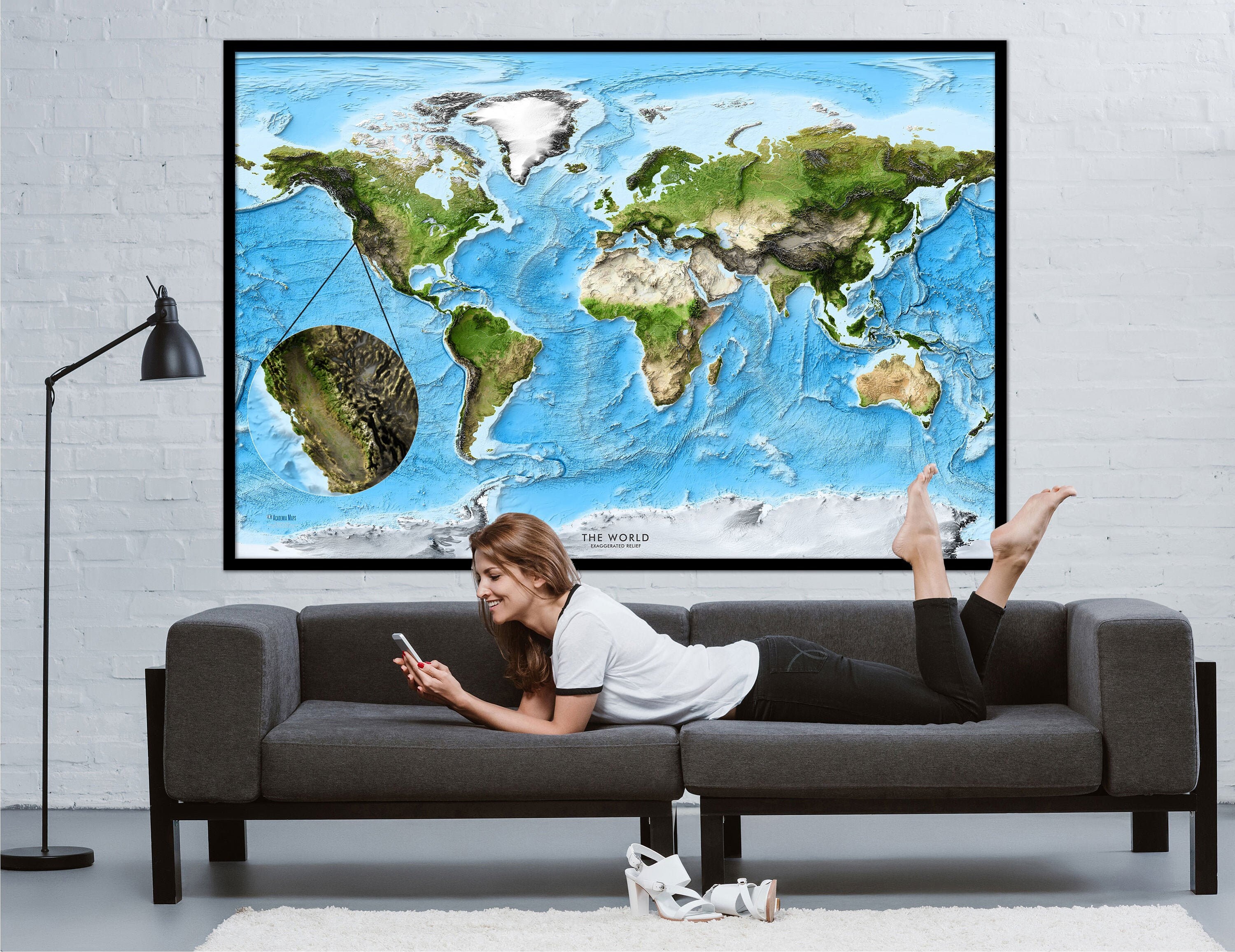 Exaggerated Relief Satellite Image World Wall Map World - Etsy