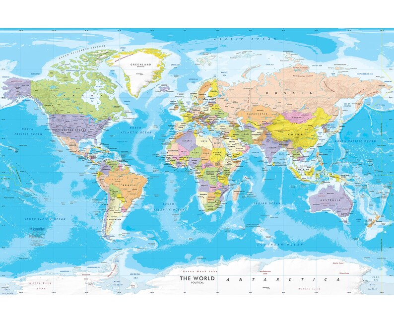 World Wall Map Mural Blue Ocean Map Wallpaper Giant Fabric - Etsy Norway