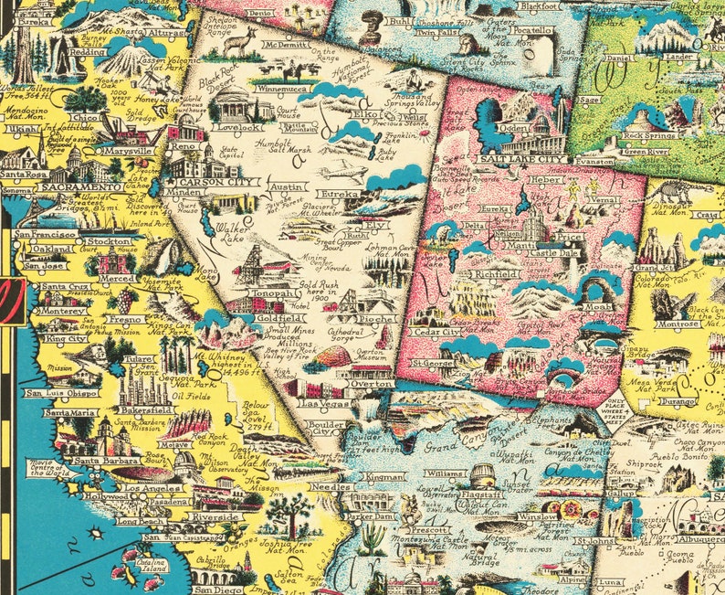 Vintage USA Map Wall Mural 1941 Colorful Illustrated United | Etsy