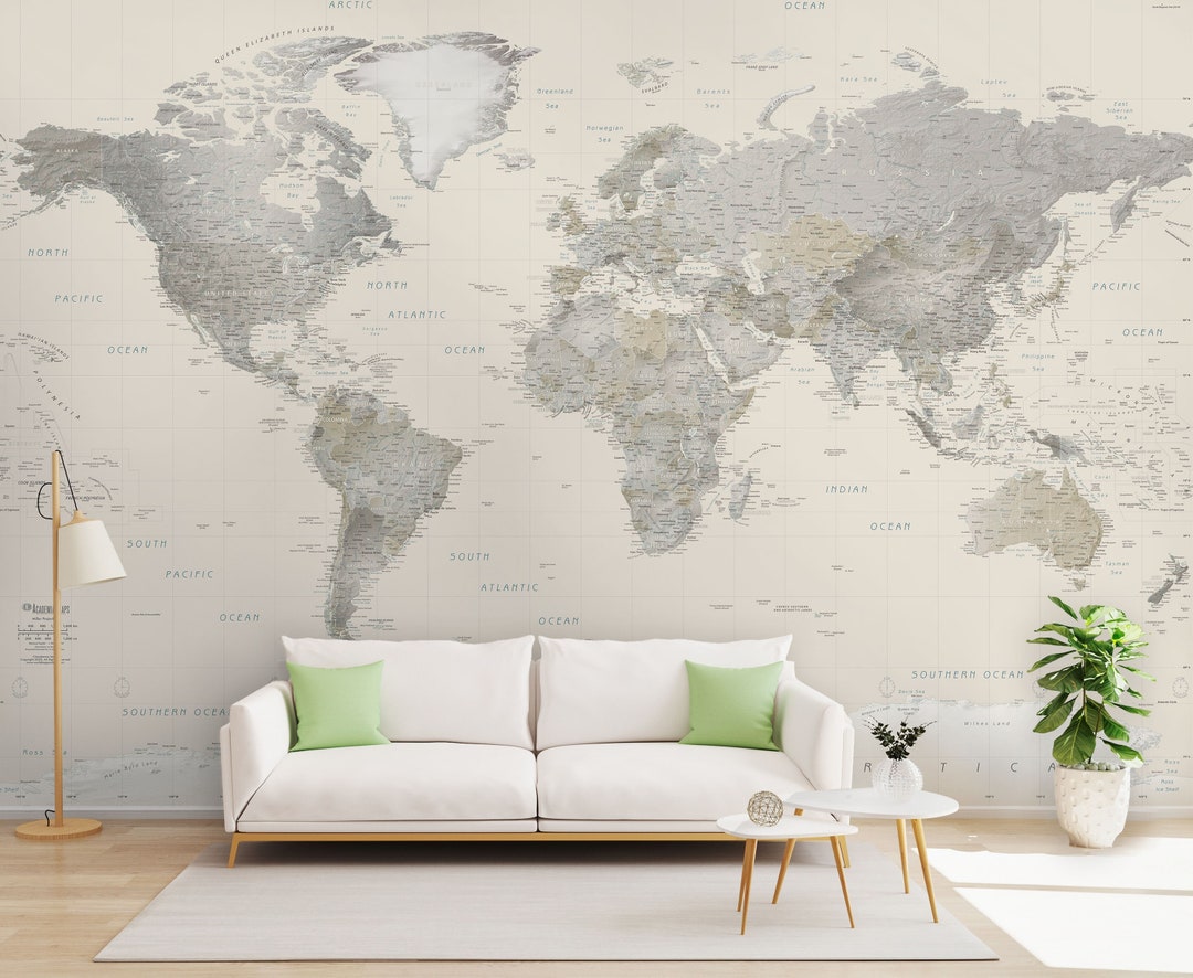 Removable World Map Wall Decal Mural Peel Stick Wallpaper Neutral Tones ...