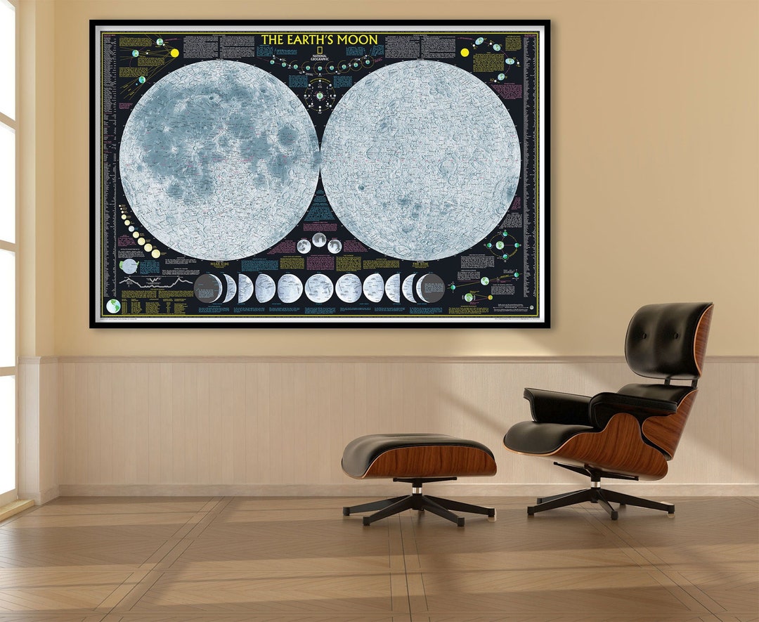 Moon Map Print: National Geographic Vintage Lunar Chart (museum Quality ...