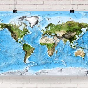 Exaggerated Relief Satellite Image World Wall Map - World Topographic ...