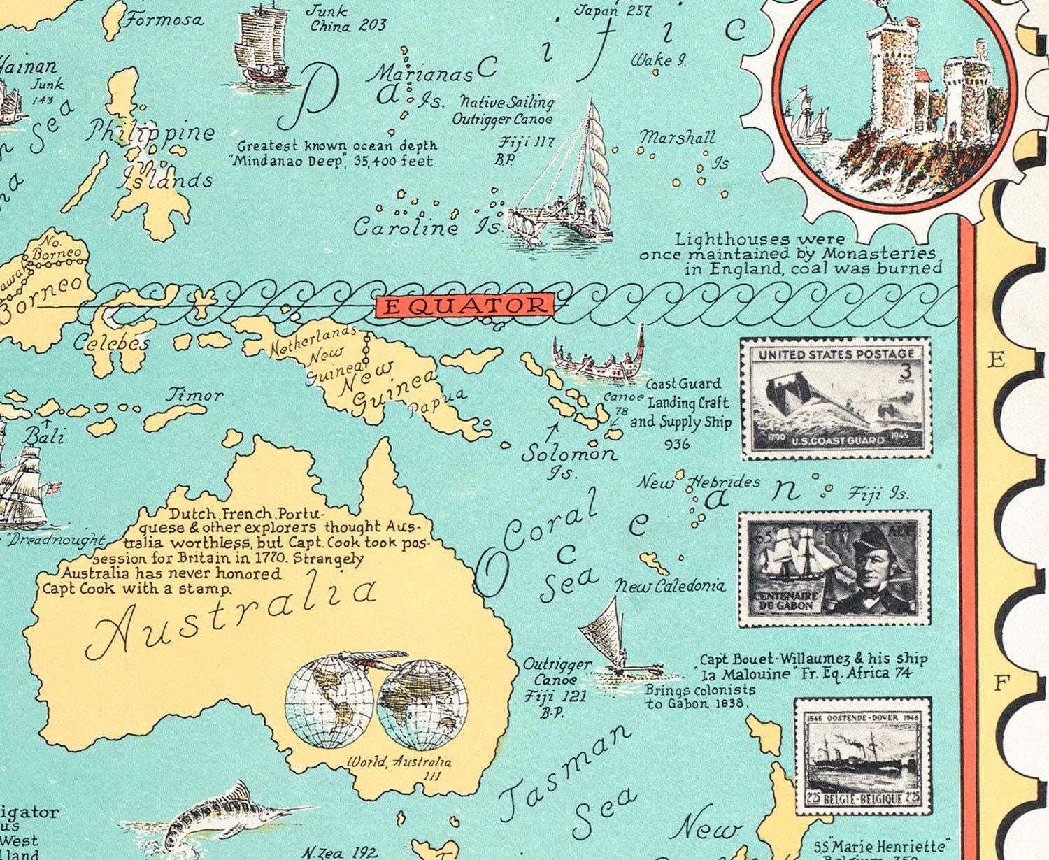 Vintage 1951 World Map Old Pictorial Stamp Map of Navigation - Etsy