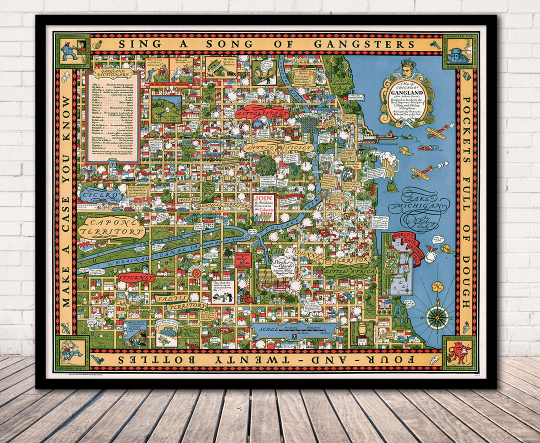 Chicago Gangland Map - Vintage 1931 Pictorial Map by Bruce Roberts ...