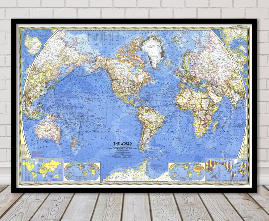 National Geographic Vintage 1965 World Map Fine Art Reproduction Old ...
