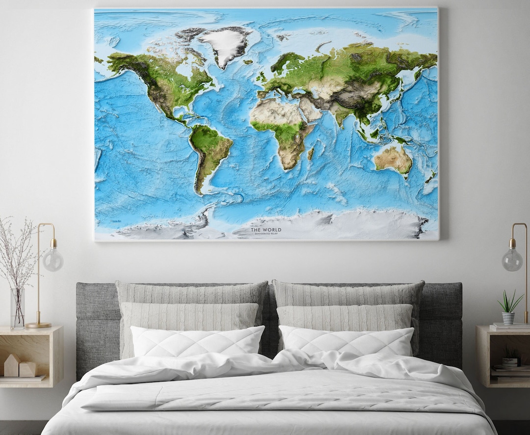 Exaggerated Relief Satellite Image World Wall Map - World Topographic ...