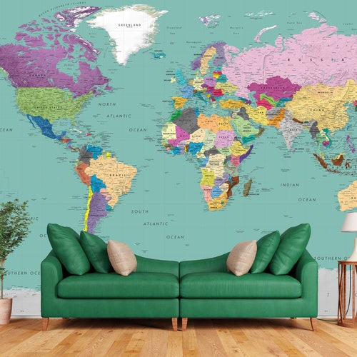 Giant World Map Wall Mural Removable Wallpaper Map of the - Etsy