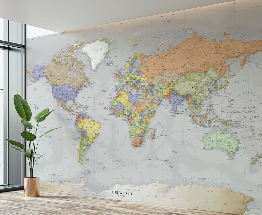 World Map Mural - Detailed Gray Oceans World Map Wall Art - Peel ...
