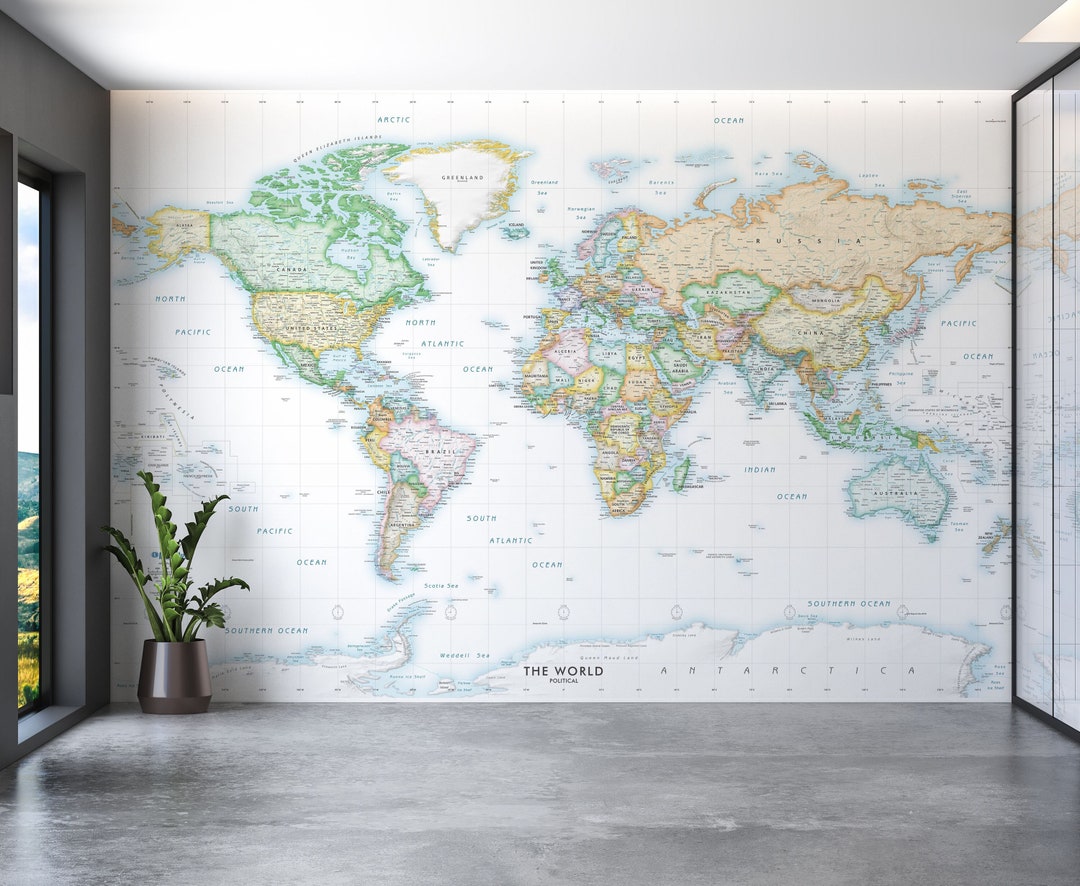 Removable Wallpaper World Map Mural - Giant Map Wall Decal - Detailed ...