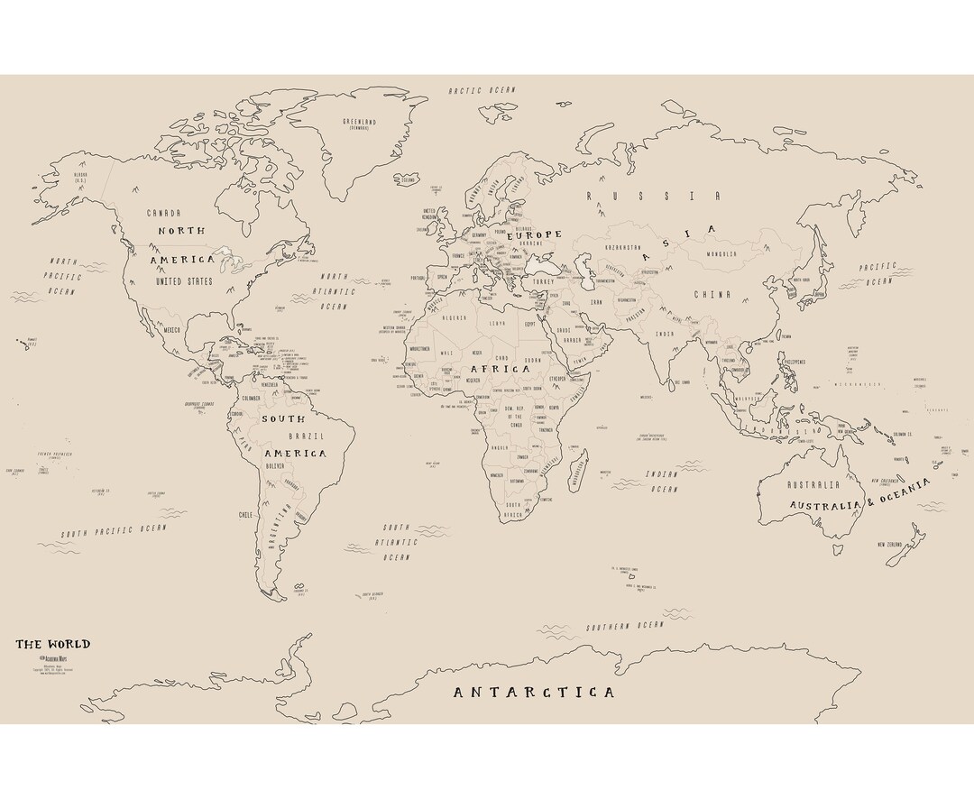 Neutral Soft Tan World Map Print - Map for Kid's Room - Illustrated ...