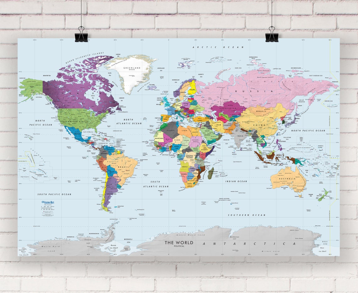 Colorful World Wall Map Large World Political Wall Map | Etsy