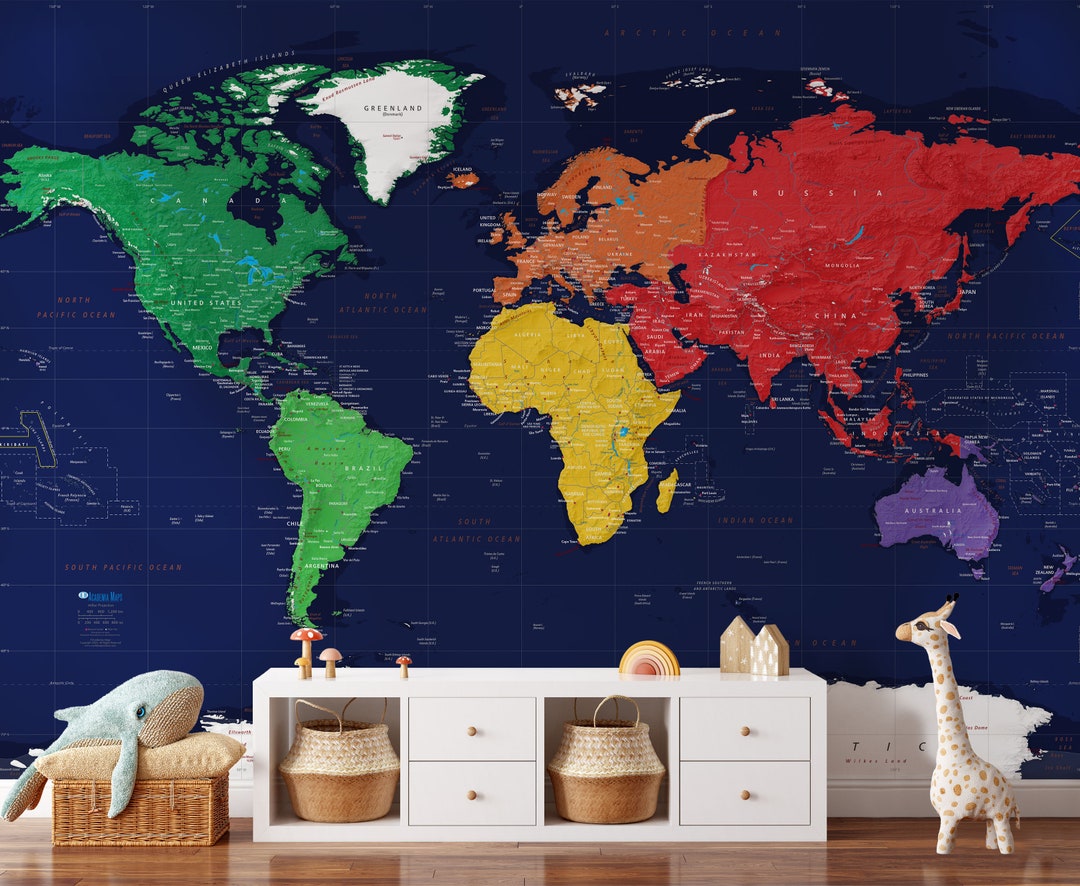 Wallpaper Map of the World - Dark Oceans With Bright Continents - Large ...