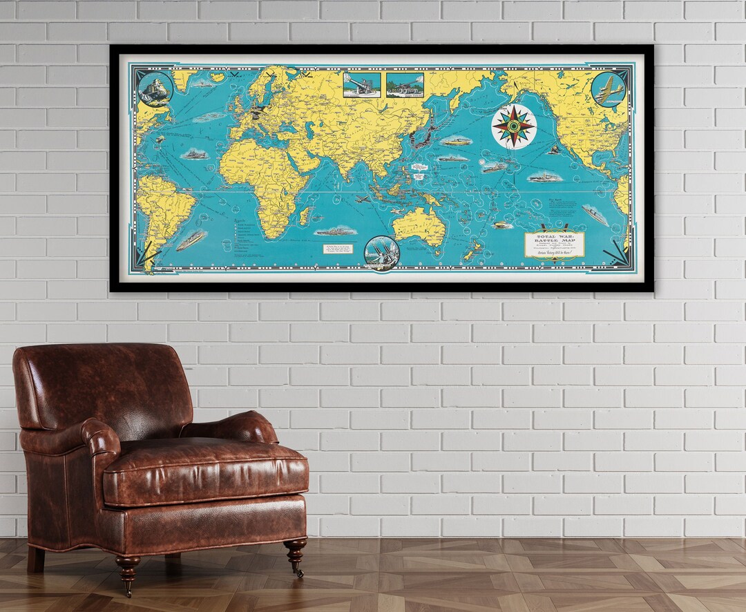 Vintage 1942 World Total War Battle Map Old Pictorial World Map Print ...