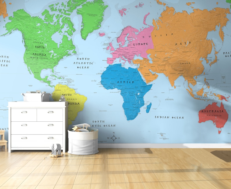 Colorful World Map Wallpaper: Bright Kids Room Mural - Etsy