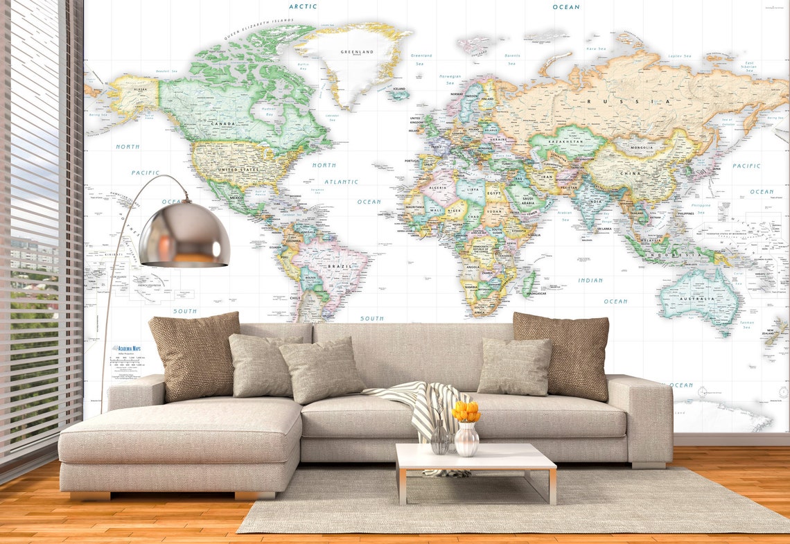 Removable Wallpaper World Map Wall Mural White Ocean | Etsy