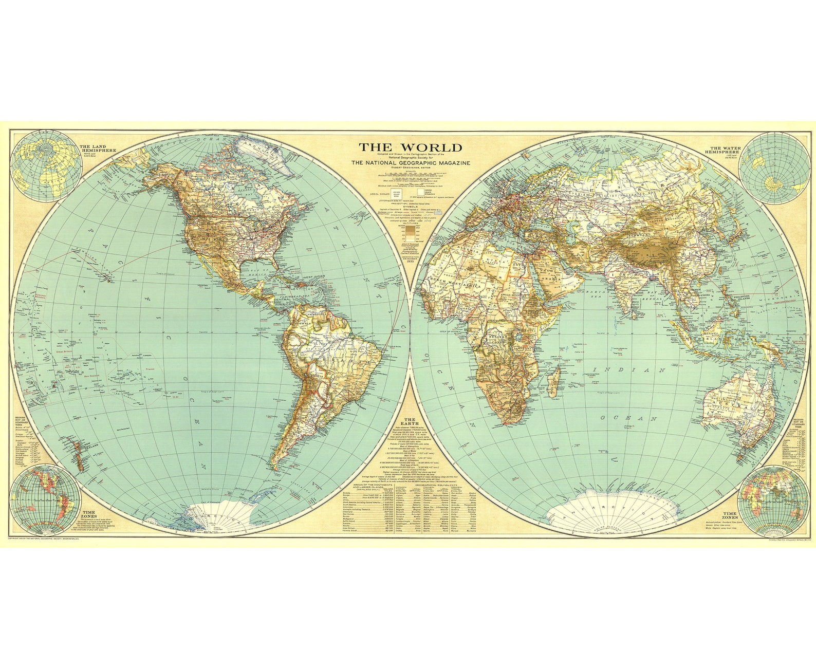 National Geographic Vintage 1935 World Map Hemispheres Fine | Etsy
