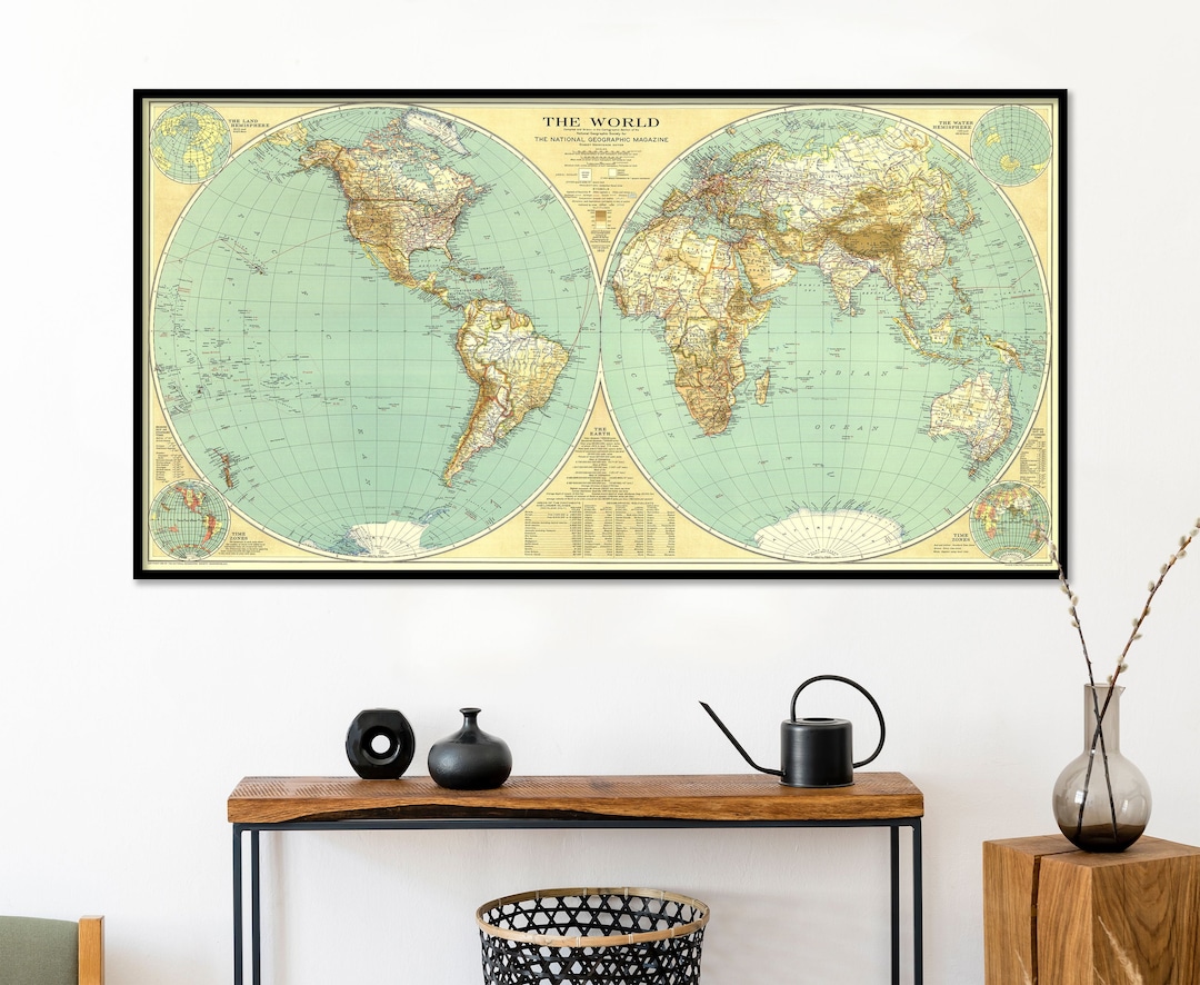 National Geographic Vintage 1935 World Map Hemispheres Fine Art ...