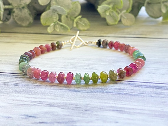Ombre Watermelon Tourmaline Bracelet Delicate Natural Stone Bracelet Gemstone Bracelet Gift for Her Dainty Stack Bracelet Candy Bracelet Etsy