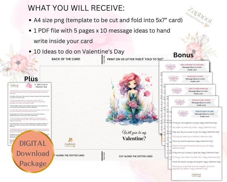Printable Valentine’s Day Card, Mermaid Digital Download Card, Plus 50 ...