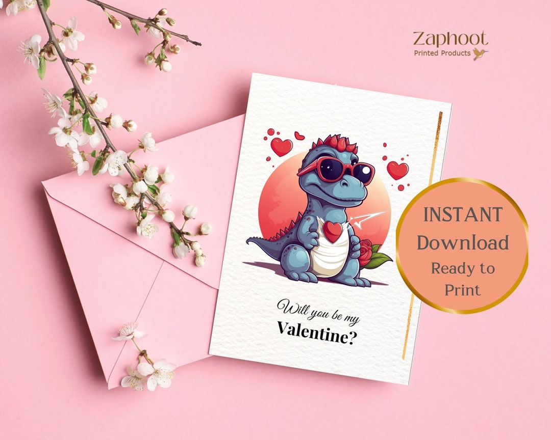 Printable Valentines Day Card, Dinosaur Digital Download Card, Plus 50 ...