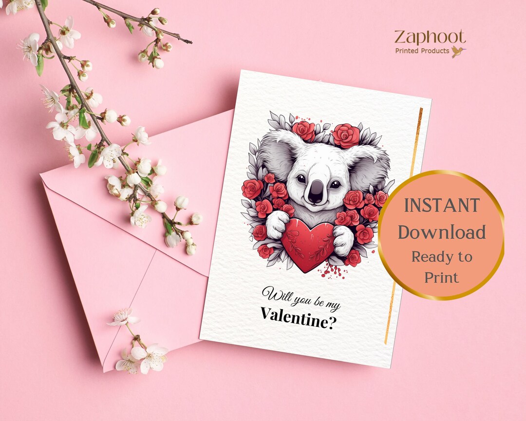 Printable Valentine’s Day Card, Koala Digital Download Card, Plus 50 ...