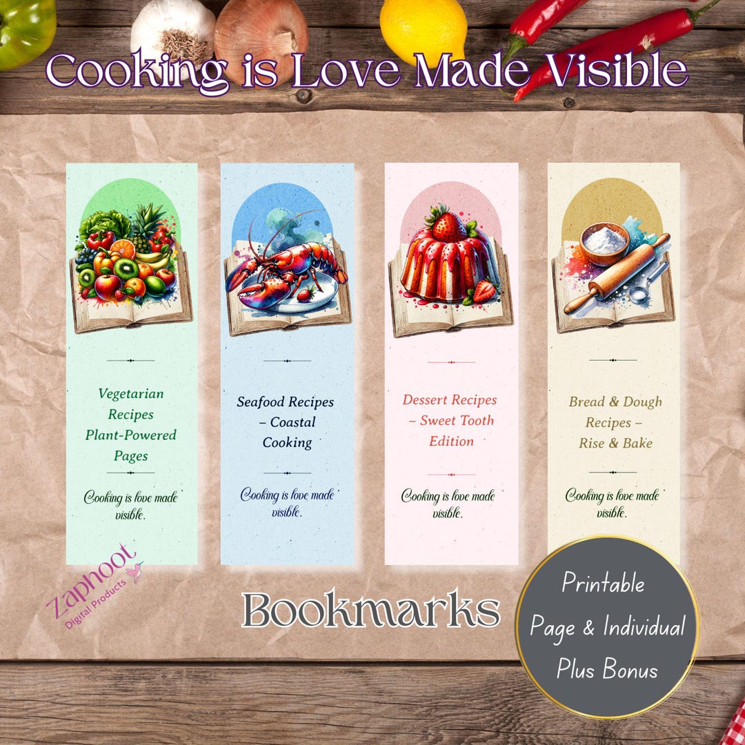Printable Recipe Bookmarks – Set of 4 for Dessert, Seafood, Bread ...